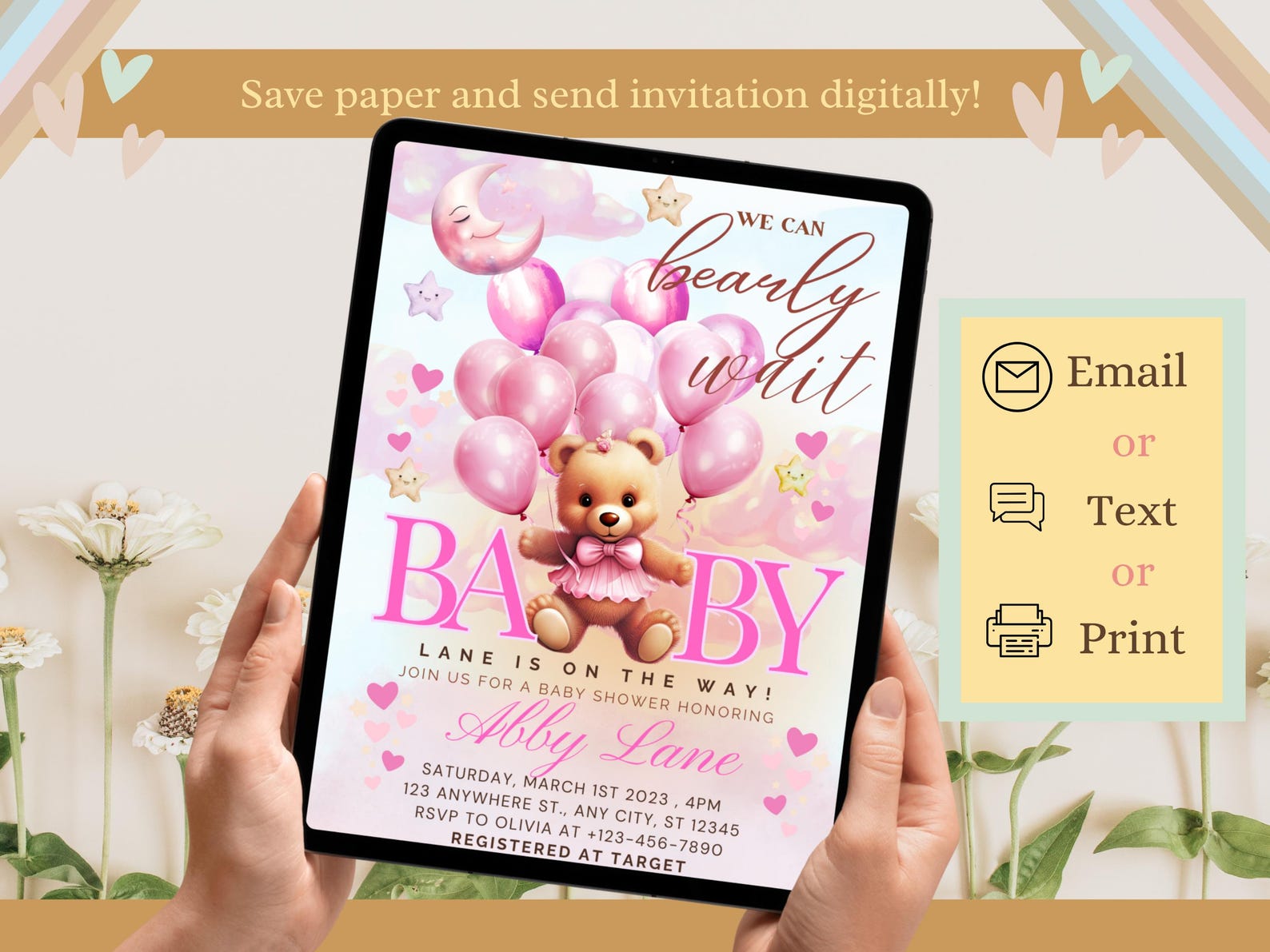 Pink Teddy Bear Baby Shower Invitation: Editable Canva Template ...