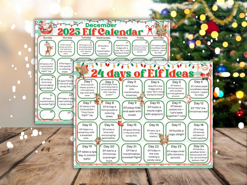 24 Days of Elf Ideas Printable | 2-page Elf Activity Calendar & Daily ...