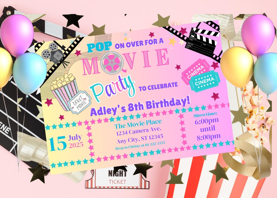 Pink Movie Party Invitation for Girls - Printable Kids Movie Night ...