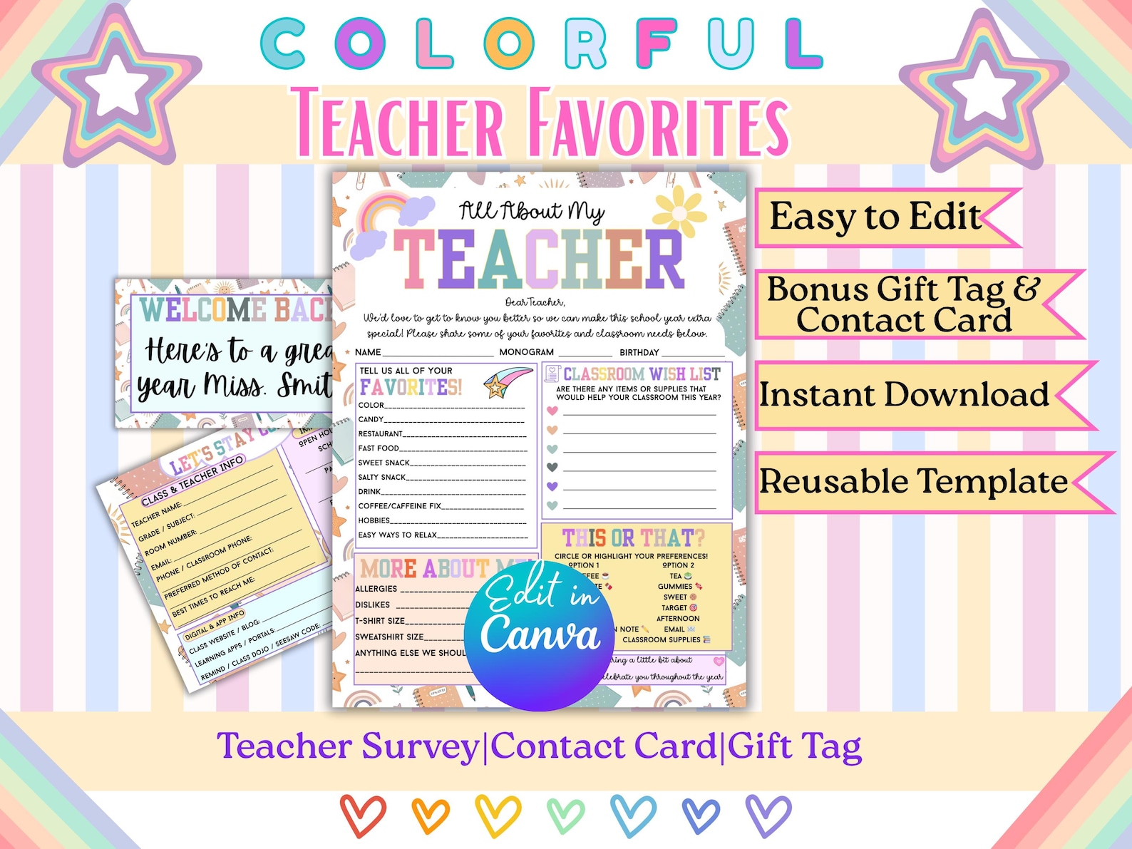 Teacher Favorites Questionnaire Bundle | Editable Canva Templates for ...