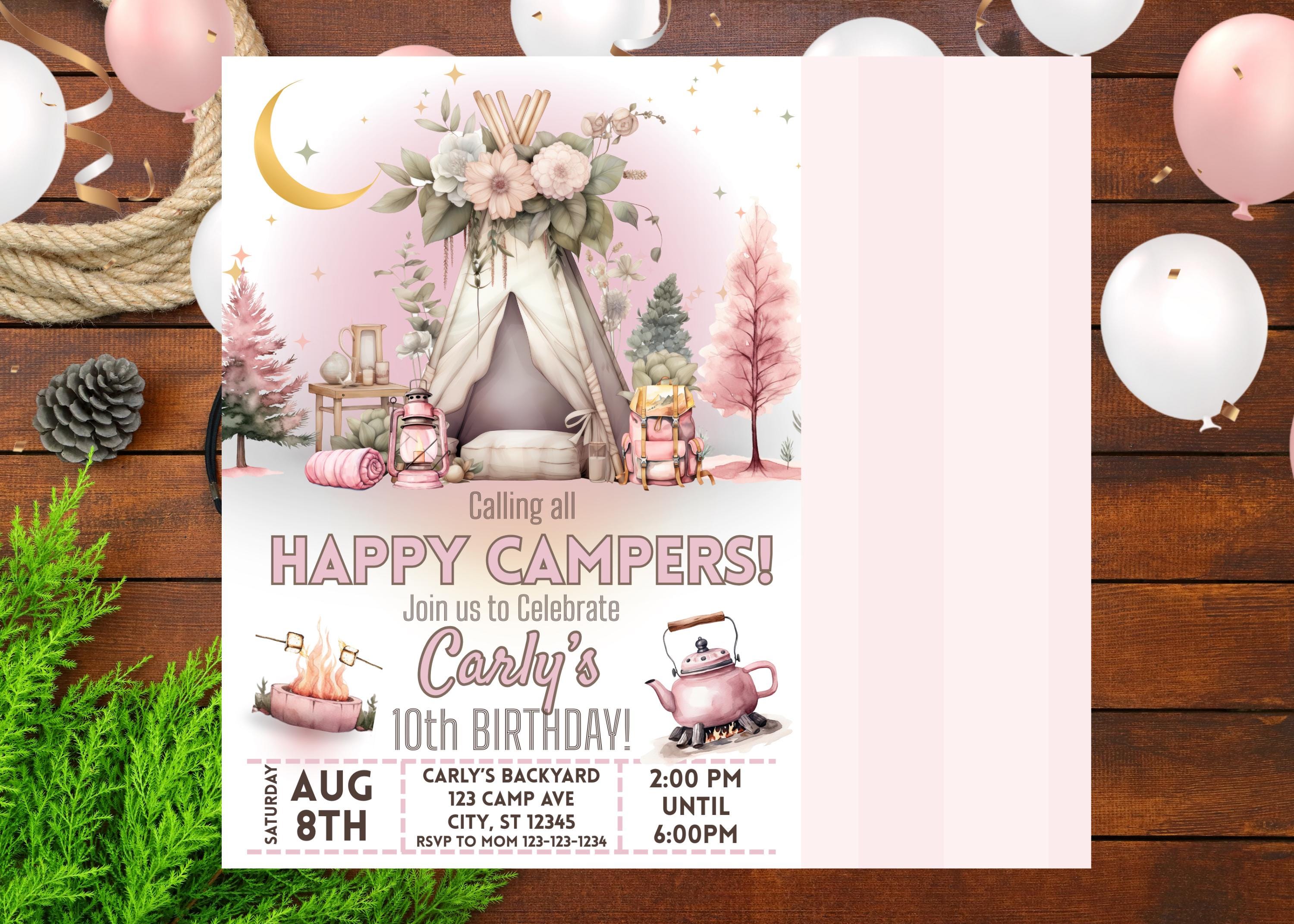 Pink Boho Camping Birthday Invitation, Glamping Card, Forest Tent Party ...
