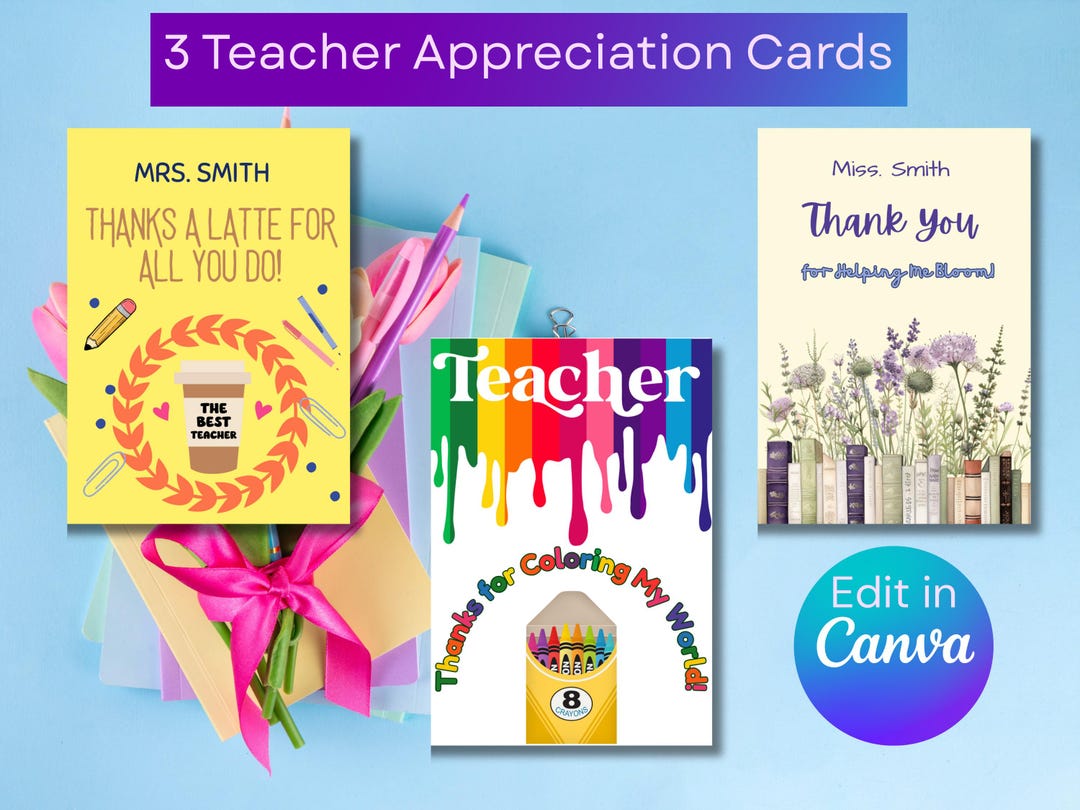 Teacher Appreciation Card Bundle | Editable Canva Folded Cards ...