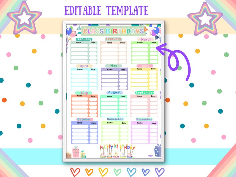 Editable Classroom Birthday Tracker: Printable Calendar, Canva Template ...
