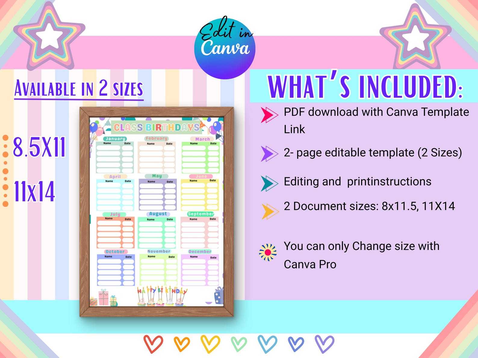 Editable Classroom Birthday Tracker: Printable Calendar, Canva Template ...
