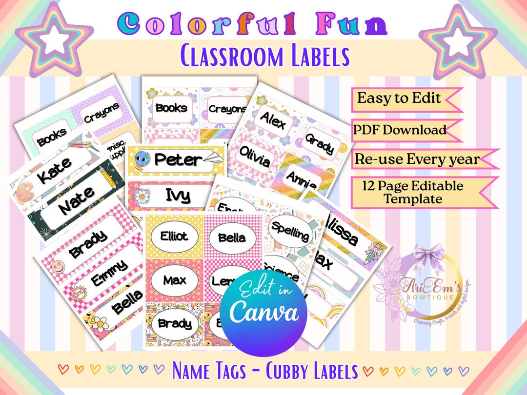 Editable Classroom Labels Canva Template | Desk Name Tags Cubby Labels ...