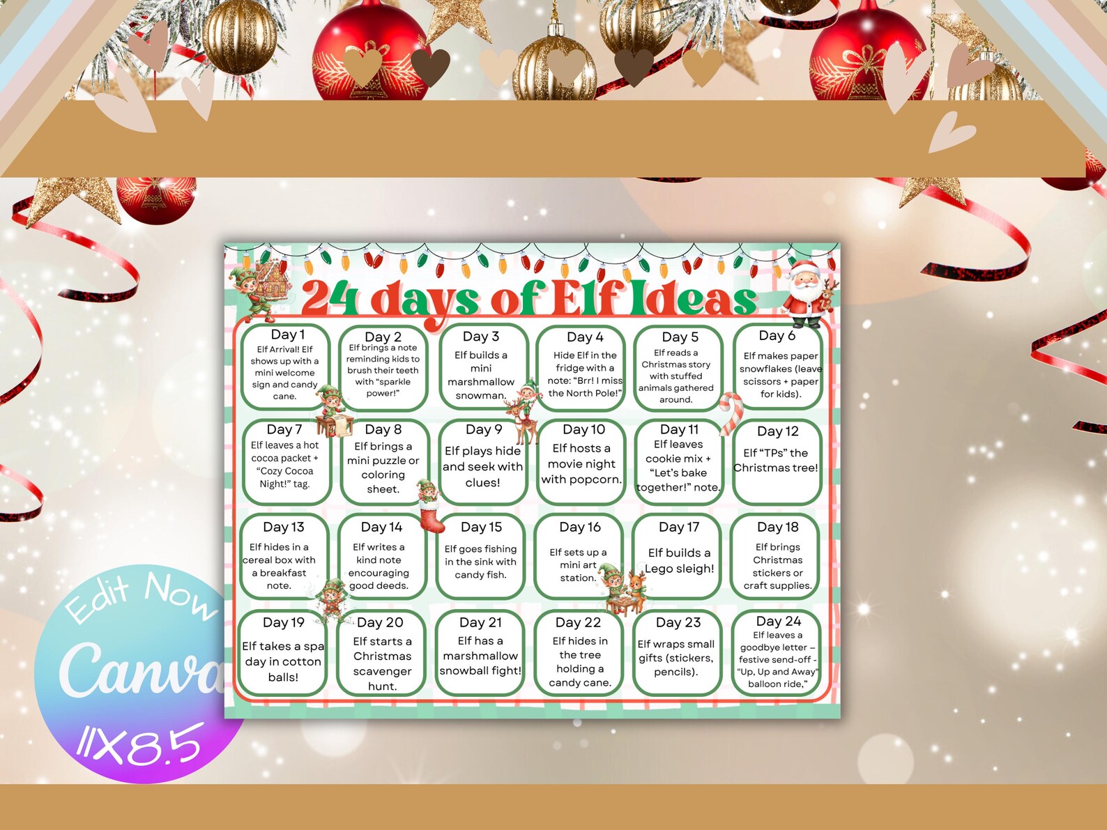 24 Days of Elf Ideas Printable | 2-page Elf Activity Calendar & Daily ...