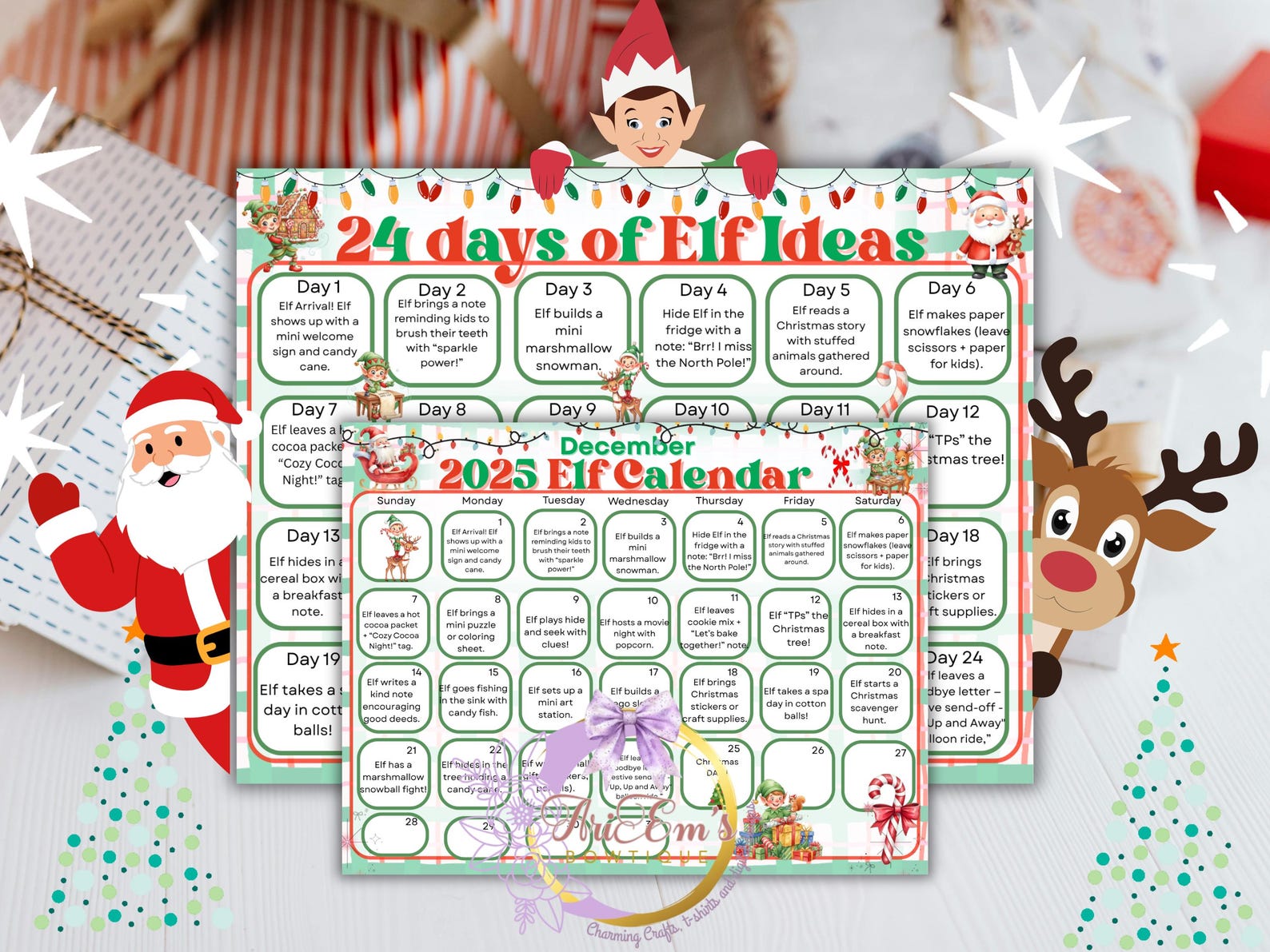 24 Days of Elf Ideas Printable | 2-page Elf Activity Calendar & Daily ...