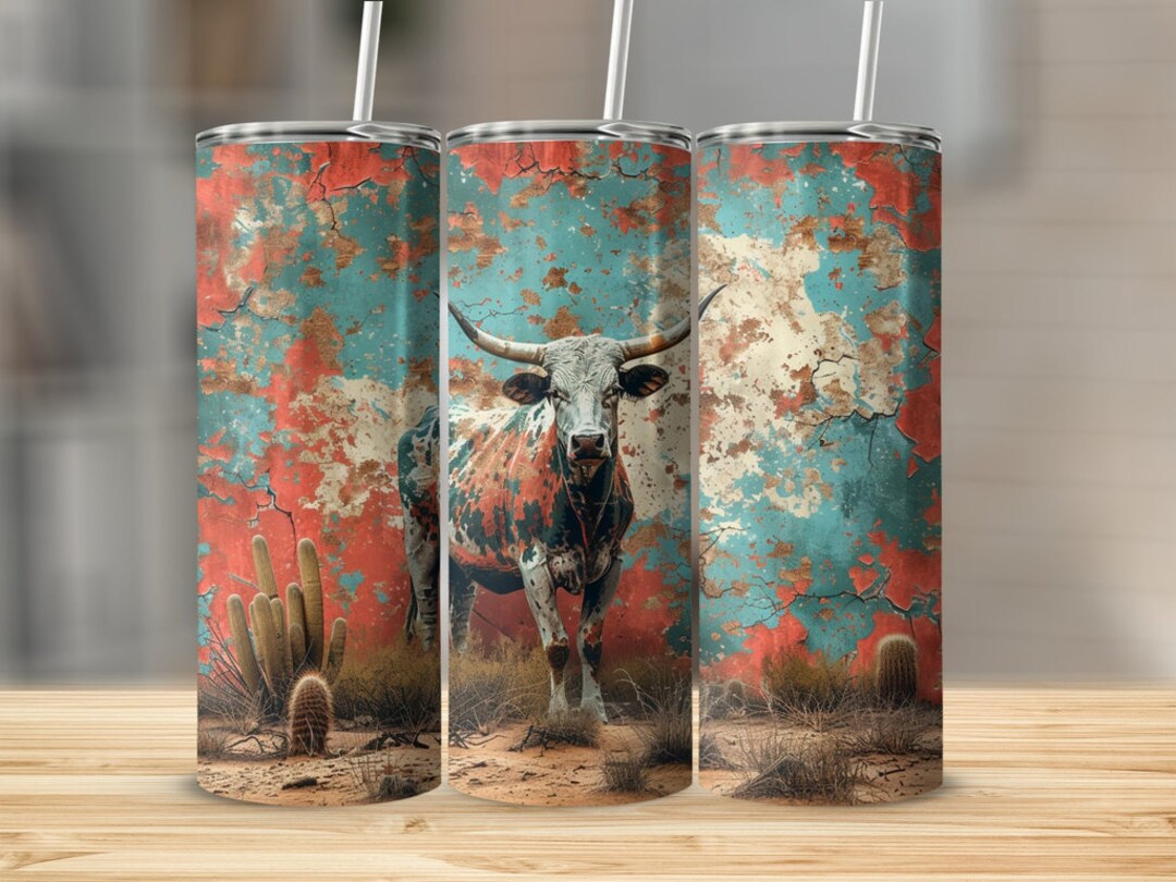 Western Longhorn Bull, Rustic Cow, Desert Cactus Art, 20 Oz Skinny ...