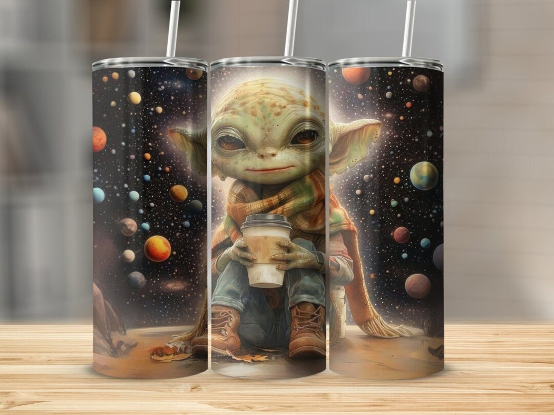 Cute Alien Drinking Coffee Tumbler Wrap, 20 Oz Digital Tumbler Wrap ...