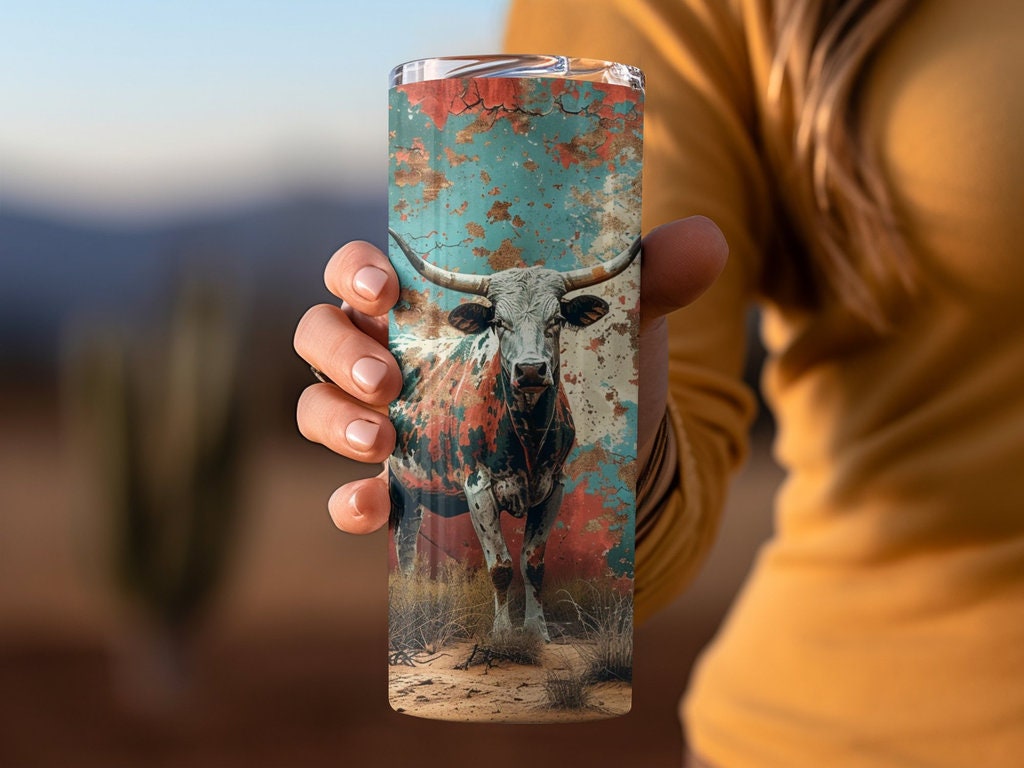 Western Longhorn Bull, Rustic Cow, Desert Cactus Art, 20 Oz Skinny ...