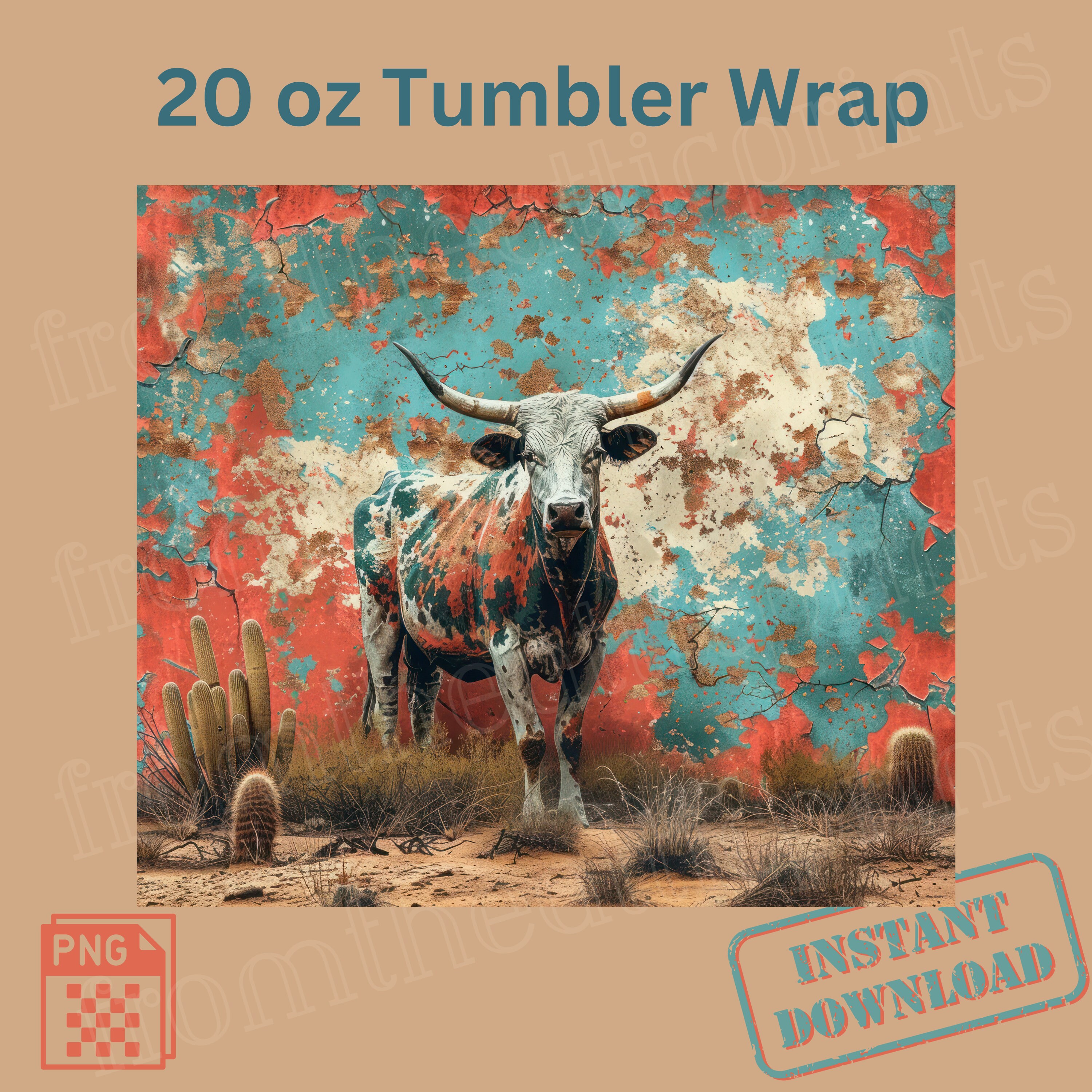 Western Longhorn Bull, Rustic Cow, Desert Cactus Art, 20 Oz Skinny ...
