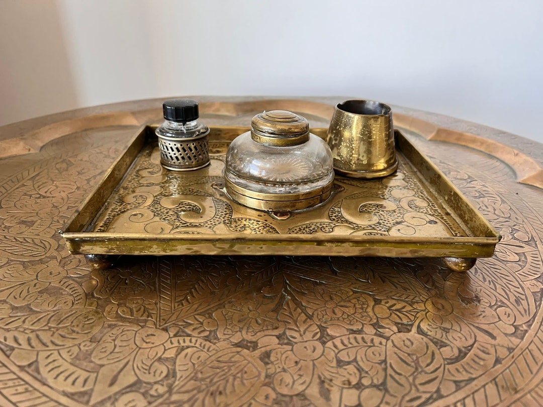 Vintage Brass Inkwell Set With Detailed Tray - Etsy