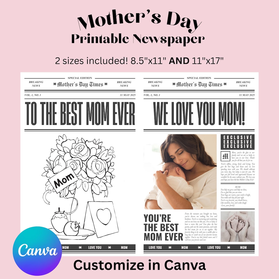 Editable Mother's Day Newspaper Template, Personalized Mother's Day ...
