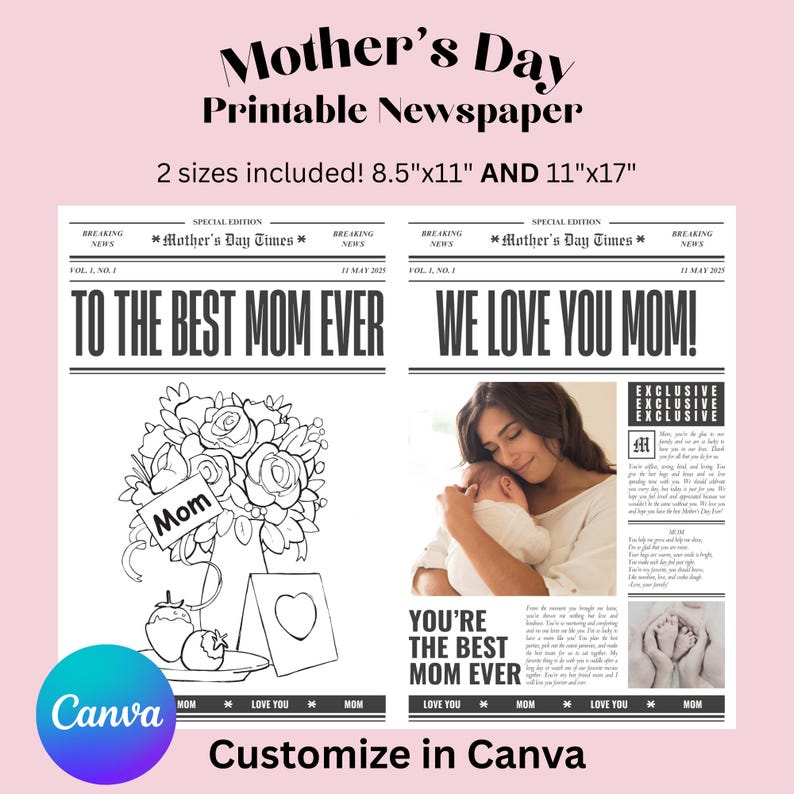 Editable Mother's Day Newspaper Template, Personalized Mother's Day ...