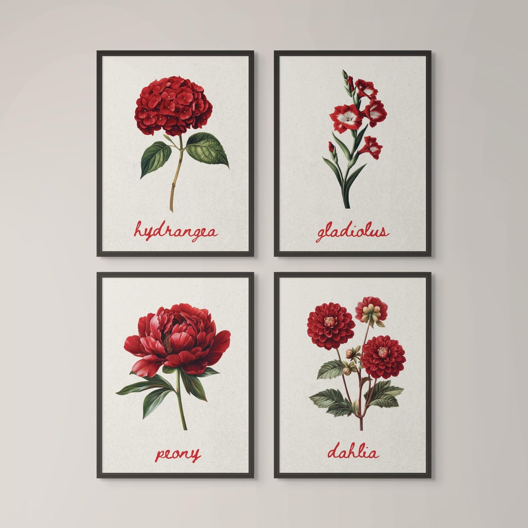 Red Flowers Gallery Wall | Red Floral Wall Art | Boho Gallery Wall ...