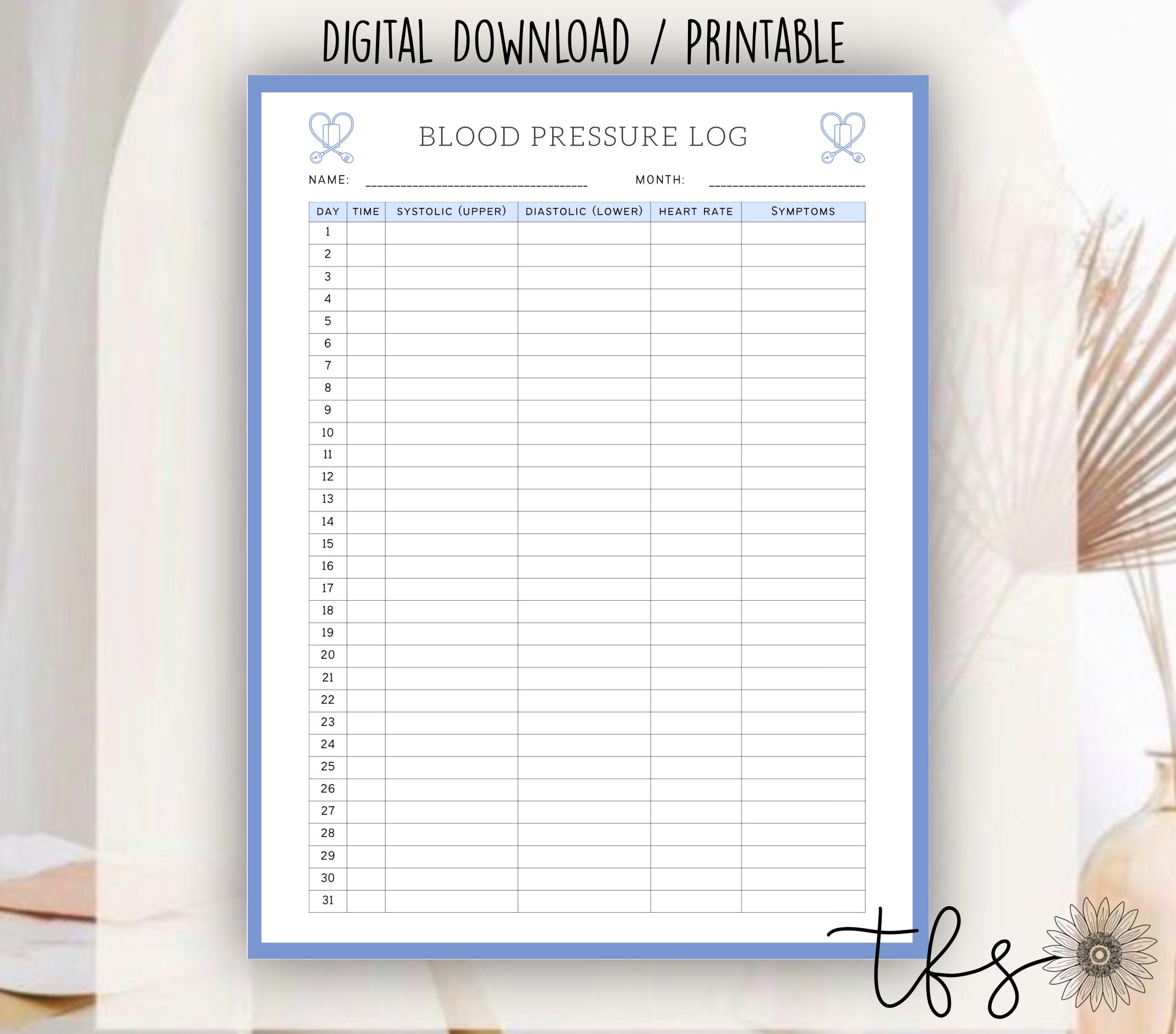 Blood Pressure Log, Tracker, Chronic Illness, BP Log, POTS BP Log ...