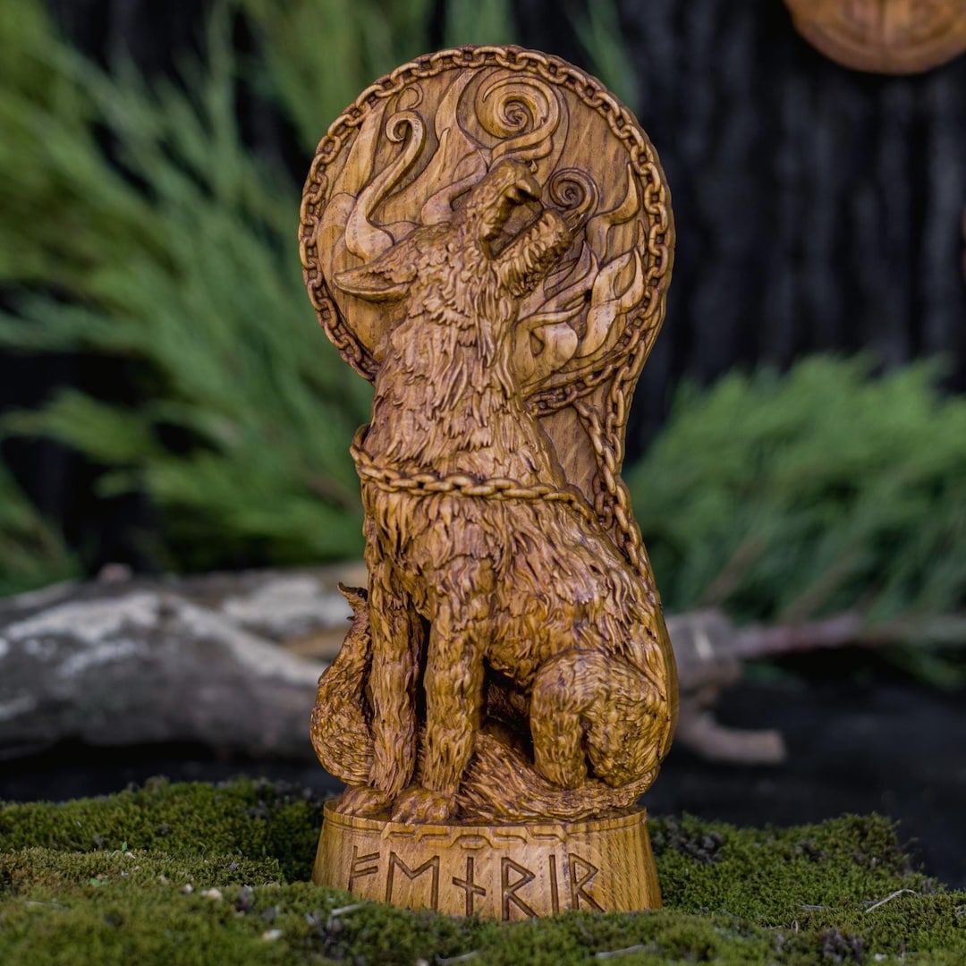 Fenrir Wooden Statue Hand-carved Norse Mythology Decor, Viking Wolf God ...