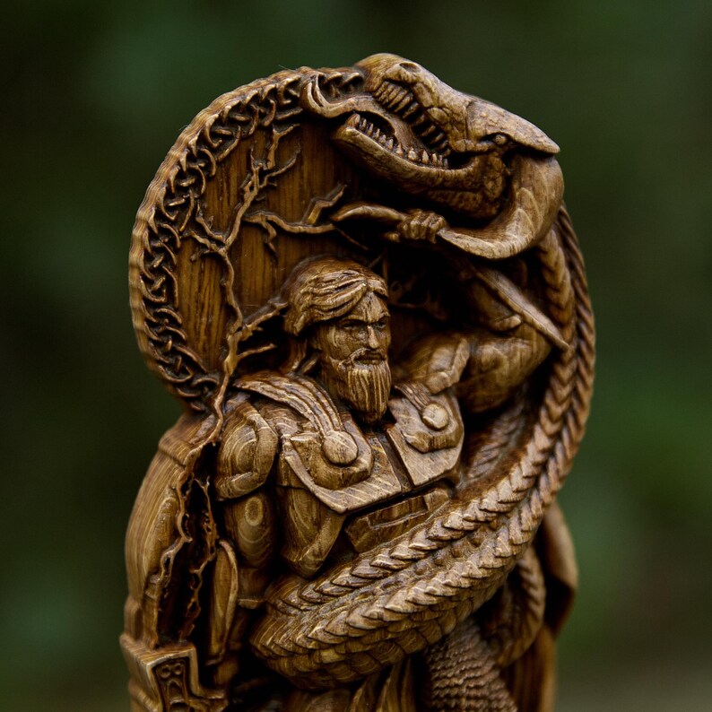 Hand-carved Thor Vs Jörmungandr Statue: Norse Pagan Altar Decor - Etsy