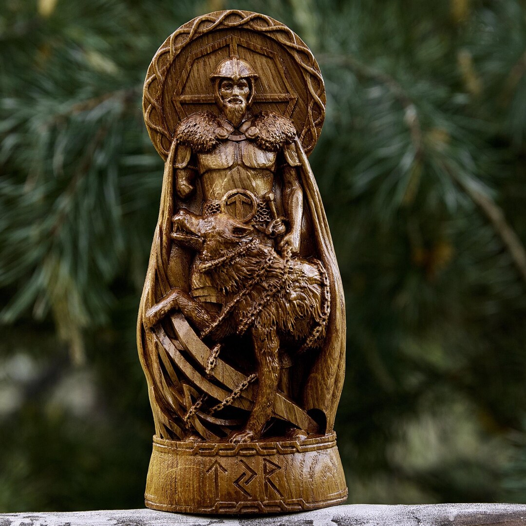 Hand-carved Tyr & Fenrir Oak Statue: Norse Pagan Altar Decor - Etsy
