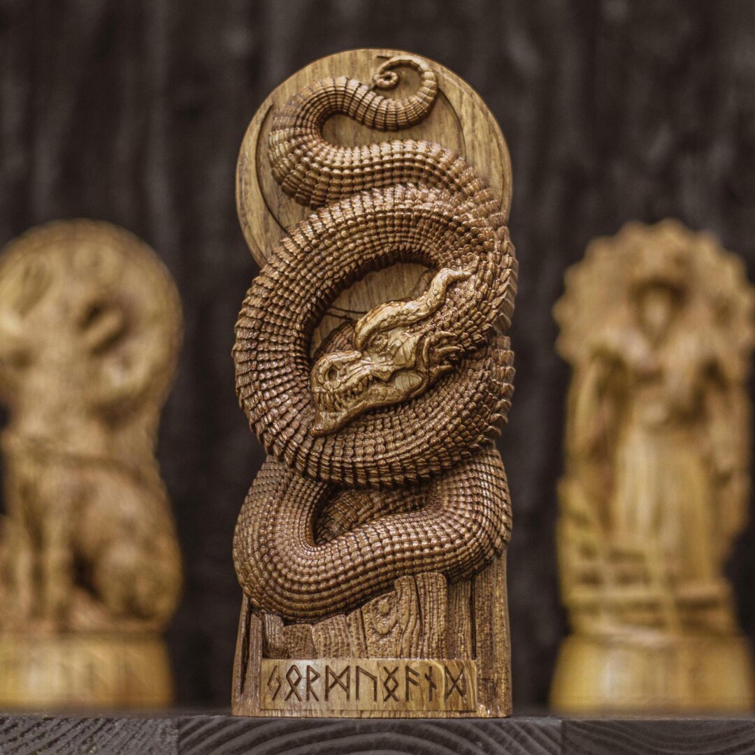 Carved Jormungandr Statue | Norse Pagan Altar Decor, Viking Mythology ...