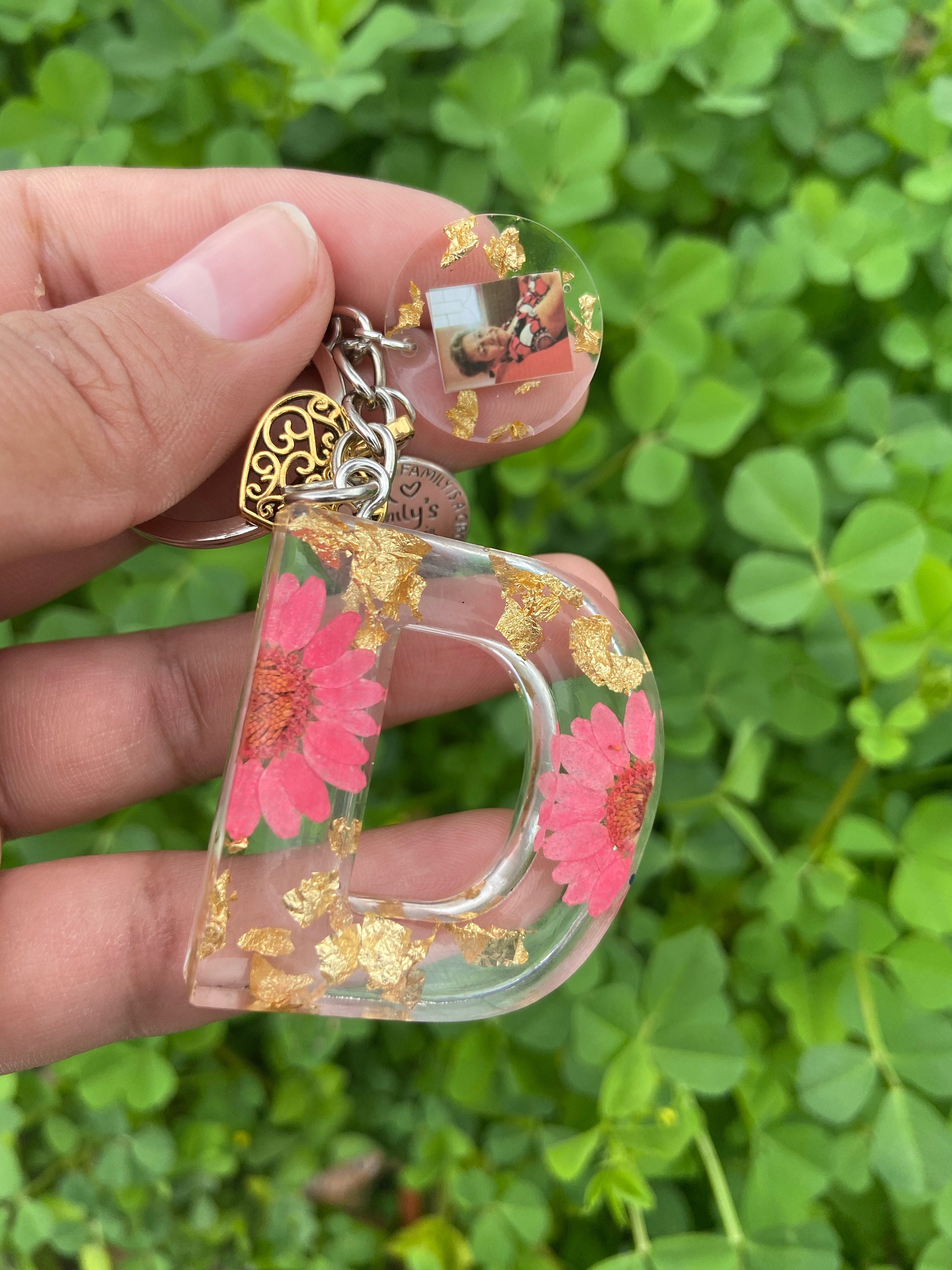 Real Flower Resin Handmade Initial Keychain with a Photo | Etsy
