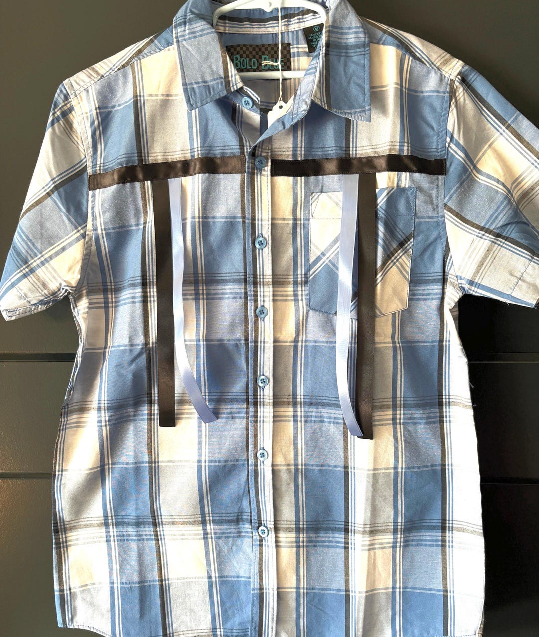 Native American Made Boy's Contemporary Blue Plaid Short Sleeve Ribbon ...