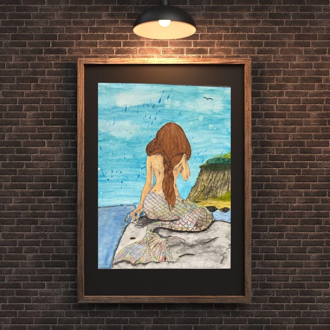 Mermaid Pyrography Pen Watercolor Painting, Ocean View Artwork ...