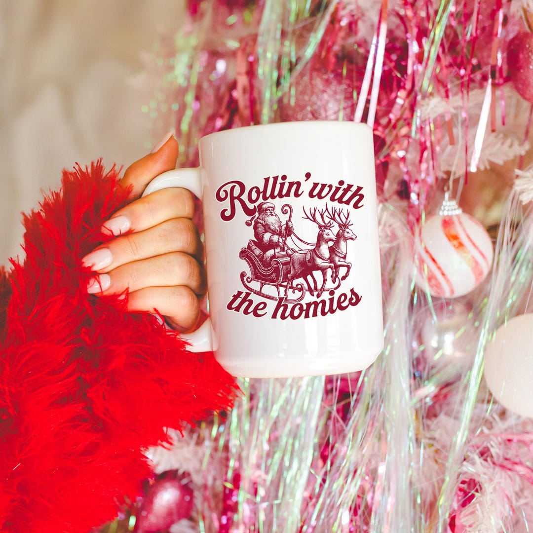 Rollin' With the Homies Mug, Retro Santa Christmas Mug, Funny Holiday ...