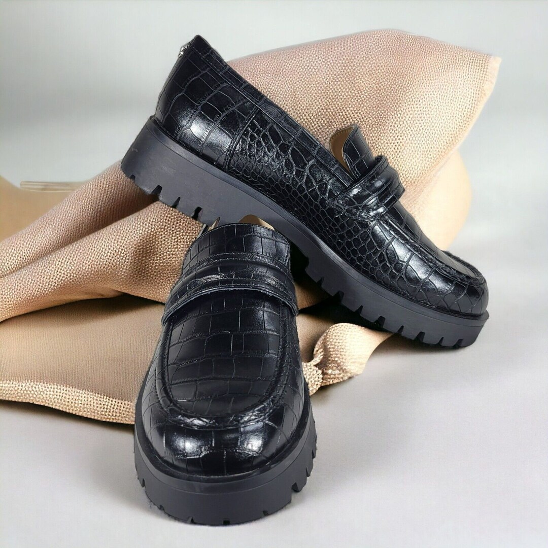 Nine West Black Croc reptile Embossed Chunky Lug Sole Loafer Size 9.5 ...