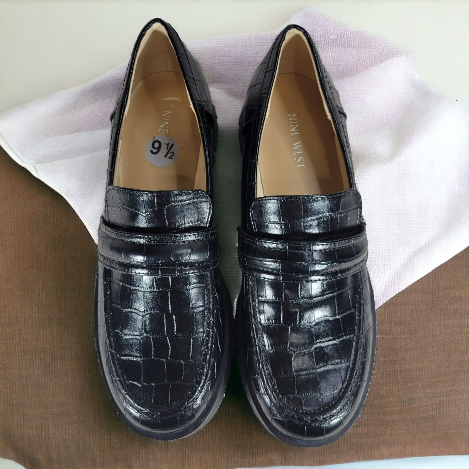 Nine West Black Croc reptile Embossed Chunky Lug Sole Loafer Size 9.5 ...