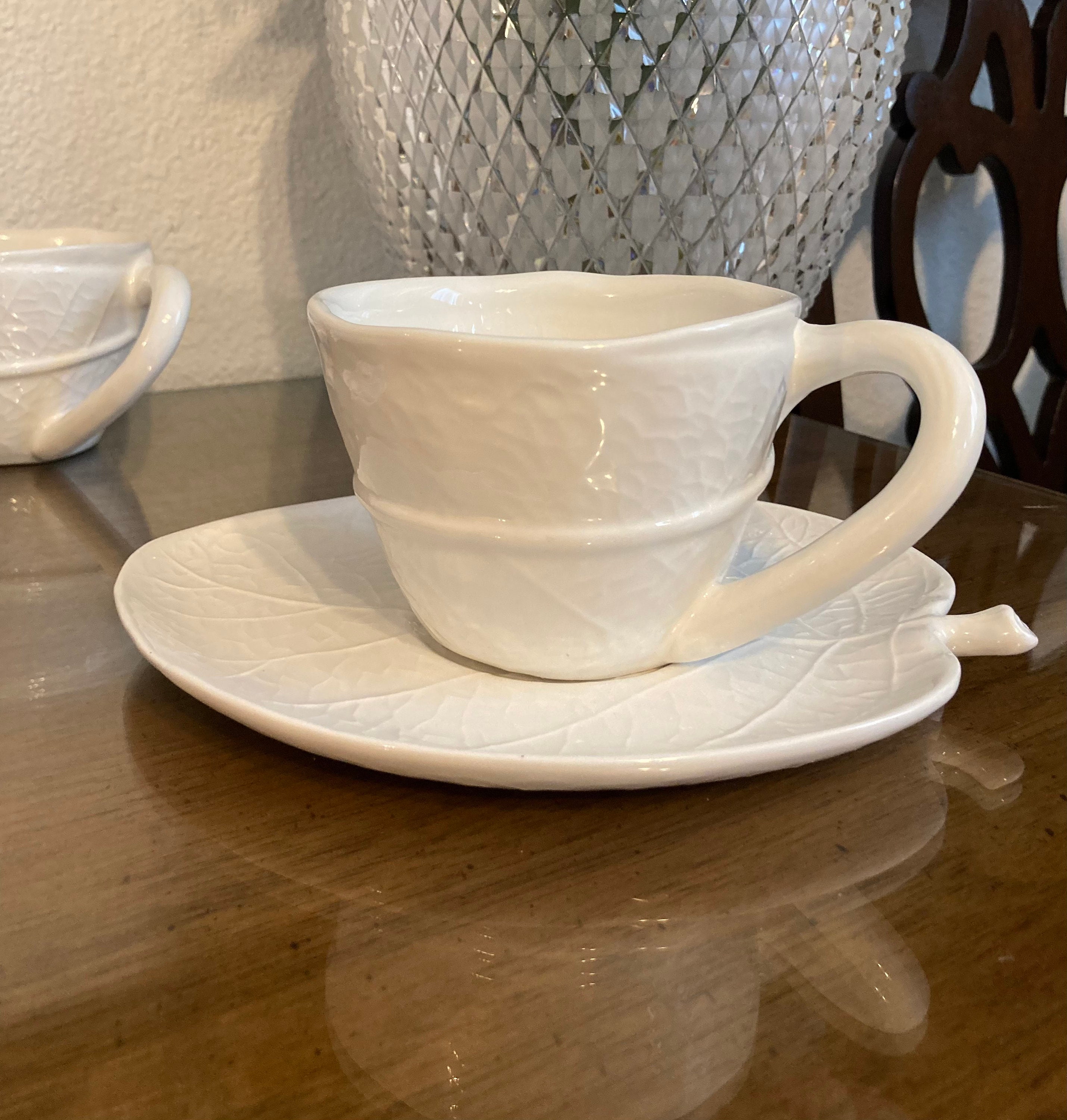 Michael Aram Cup and Saucer White Lotus Forest Leaf Embossed Pattern ...