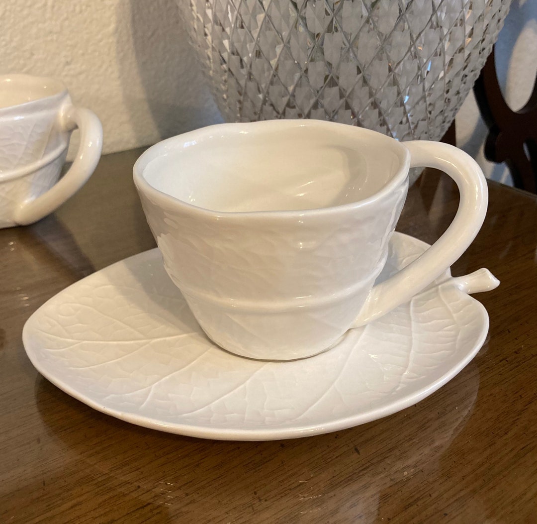 Michael Aram Cup and Saucer White Lotus Forest Leaf Embossed Pattern ...