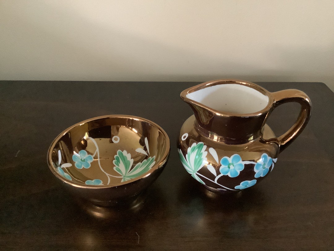 Gold Cream and Sugar Gray Pottery England - Etsy