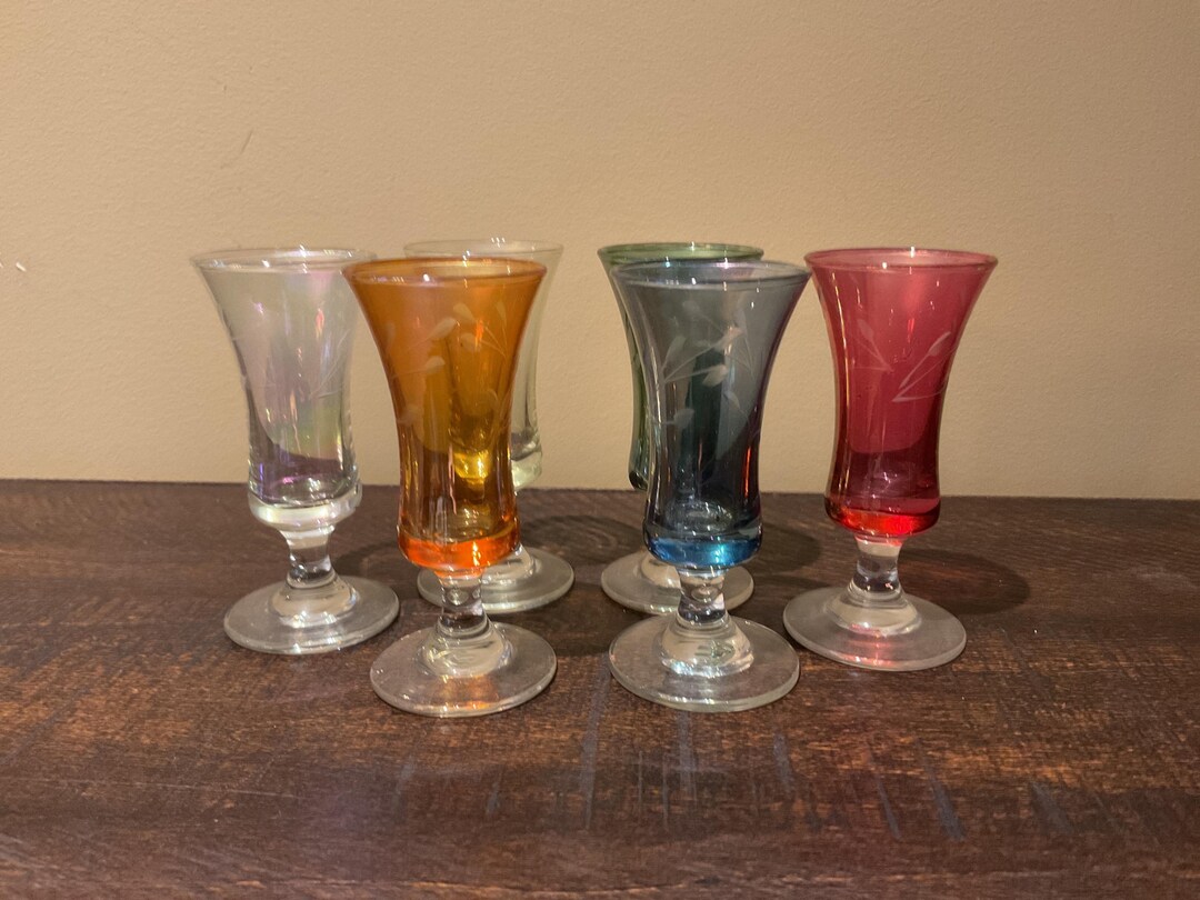 Etched Stem Sherry Glasses Multicolour Etched Cordial Glasses - Etsy