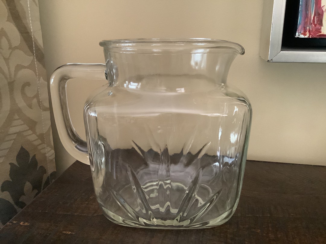Glass Pitcher Rounded Cube Shape Retro Water Jug Clear Pressed Glass ...