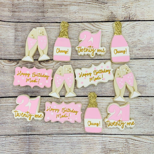 21st Birthday Cookies Pink and Gold CUSTOMIZABLE Champagne - Etsy