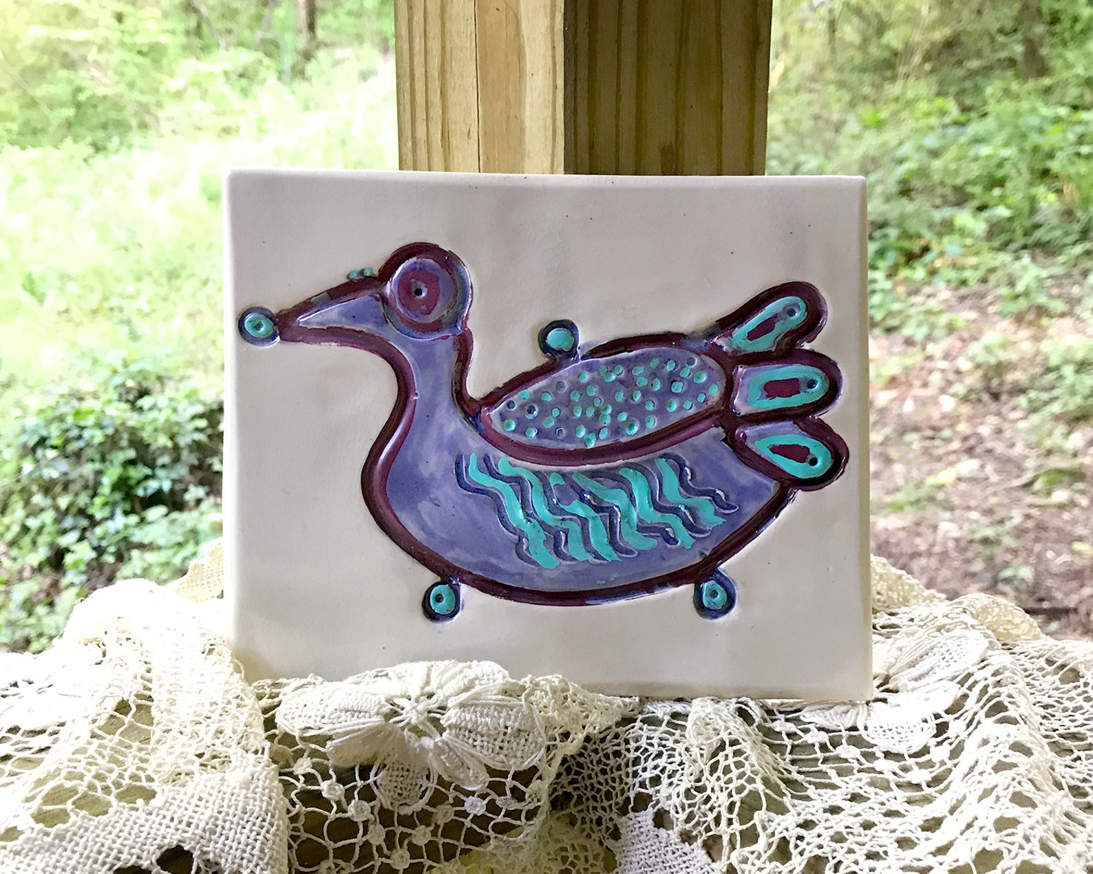 Primitive Bird Tile, Art Tiles, Purple Bird Decorative Tile, Shipping ...
