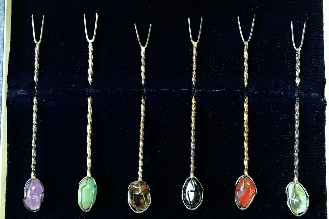 Vintage Silver Cocktail Forks With Semi Precious Stones, Prata De Lei ...