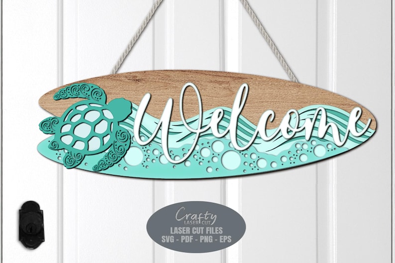 Sea Turtle Door Hanger SVG Laser Cut Files: Surfboard Welcome Sign SVG ...