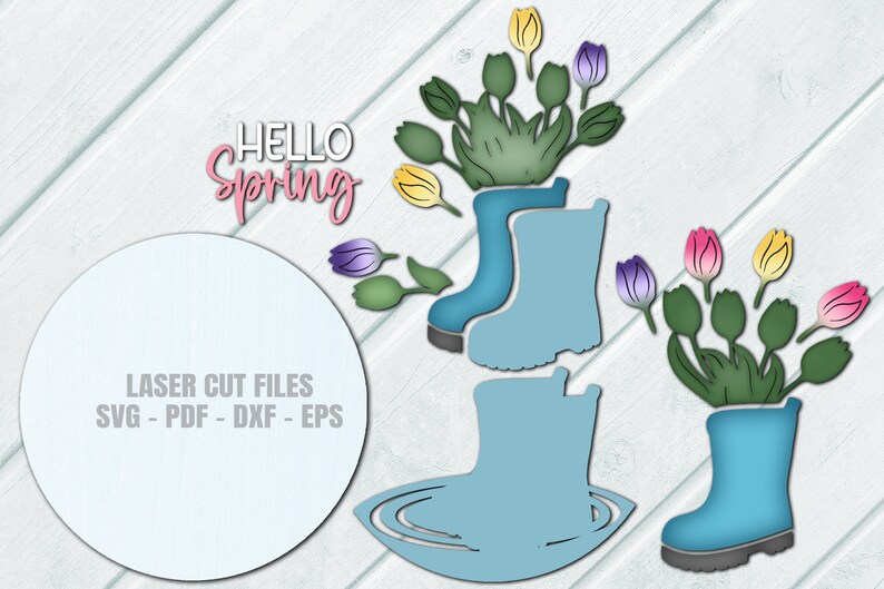 Hello Spring Rain Boots Door Hanger SVG - Spring Door Sign - Laser Cut ...