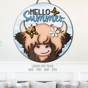 Highland Cow Door Hanger SVG - Hello Summer Svg - Laser Cut Files ...
