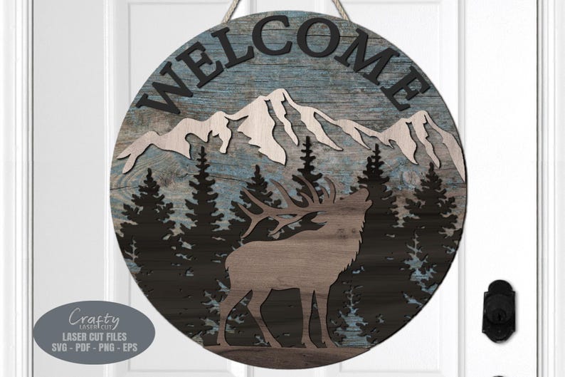 Elk Welcome Sign SVG, Forest Door Hanger SVG Laser Cut Files, Mountains ...