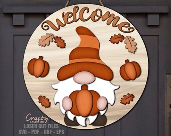 Fall Gnome SVG Laser Cut Files Fall Door Sign Round Wood Sign Pumpkin ...