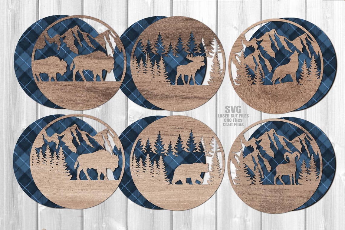 Monogram Wildlife Coaster SVG Bundle: Moose, Bear, Buffalo, Wolf, Sheep ...
