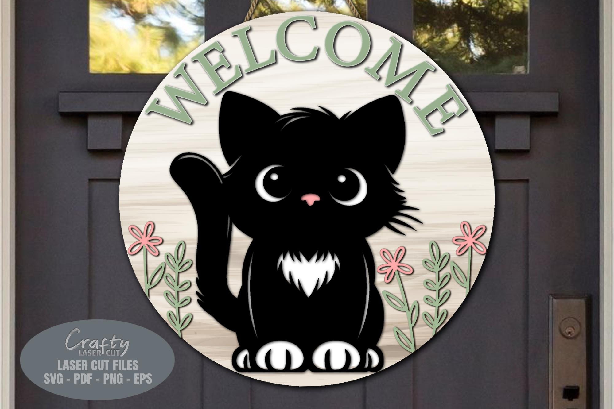 Floral Cat Welcome Sign SVG Laser Cut Files: Spring Daisy Door Hanger ...