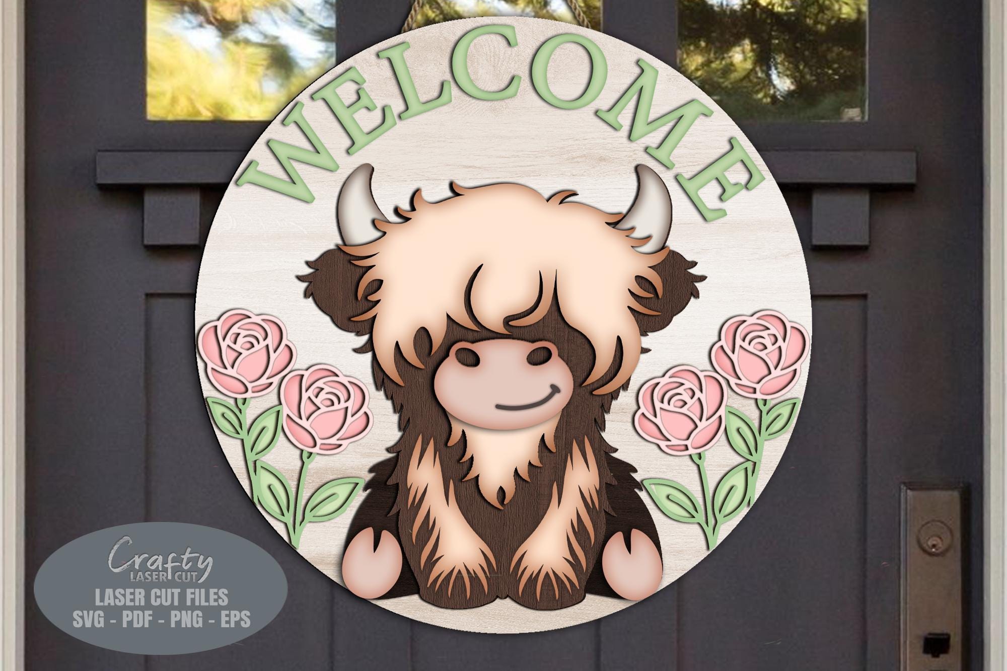 Highland Cow Welcome Sign SVG Laser Cut Files: Rose Summer Door Hanger ...