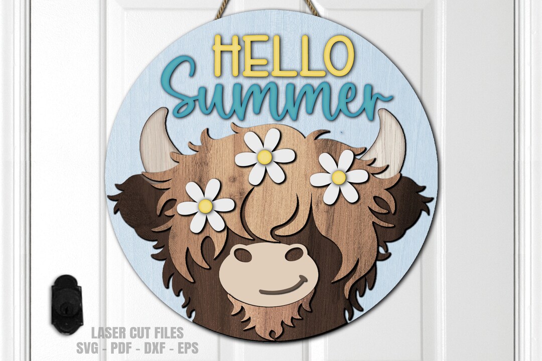 Summer Highland Cow Door Hanger SVG - Hello Summer Svg - Laser Cut ...