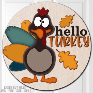 Hello Turkey Door Hanger SVG Laser Cut Files, Fall Thanksgiving Welcome ...