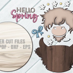 Spring Highland Cow Door Hanger SVG Hello Spring Svg Laser Cut Files ...