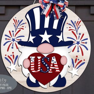Patriotic Gnome Door Hanger SVG - 4th of July Welcome Sign SVG - Laser ...